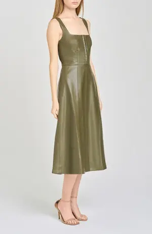 WAYF Leonie Faux Leather Fit & Flare Midi Dress - Olive