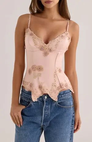 House Of Cb Saloma Embellished Satin Corset Top - Blush