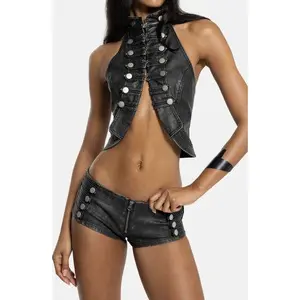 JADED LONDON Military Halter Faux Leather Top - Black