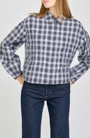 WAYF Adeline Plaid Cropped Bomber Jacket - Blue
