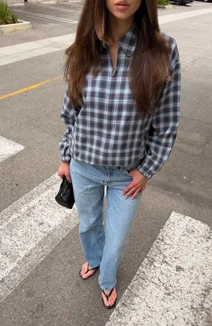 WAYF Adeline Plaid Cropped Bomber Jacket