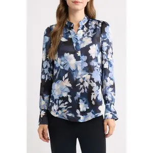 Anne Klein Floral Print Top - Dutch Blue Multi