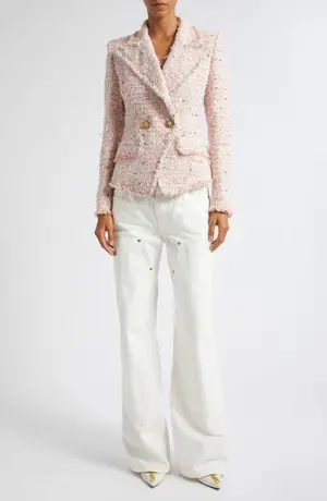 Balmain Double-breasted Tweed Jacket With Fringed Lapels