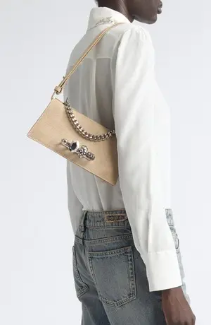Alexander McQueen Mini Jeweled Croc Embossed Suede Top Handle Bag