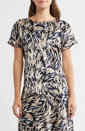 Anne Klein Print Bateau Neck Top - Dutch Blue Multi