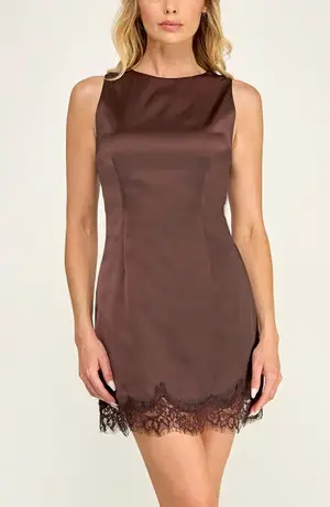 SOCIALITE Lace Trimmed Satin Mini Dress - Brown