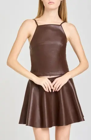 WAYF Veronica Faux Leather Mini Skirt - Chocolate