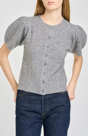 WAYF Bridget Puff Sleeve Cardigan - Heather Grey
