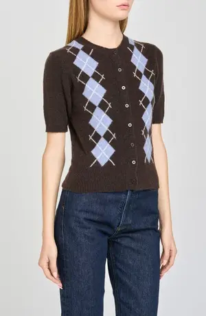 WAYF Esther Short Sleeve Cardigan - Brown/blue