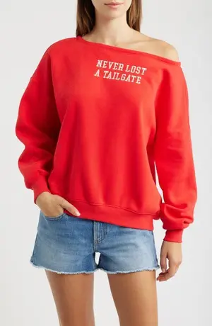 VINYL ICONS Tailgate Off The Shoulder Embroide Sweatshirt - Red