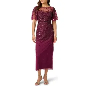 Adrianna Papell Beaded Flutter Sleeve Mesh Cocktail Dress - Bordeaux