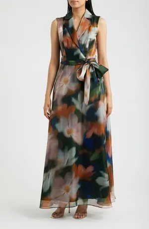 Julia Jordan Print Tie Waist Sleeveless Organza Gown - Brown Multi