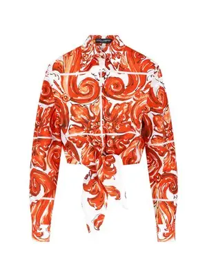 Dolce & Gabbana Majolica Print Cotton Poplin Crop Shirt