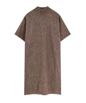 Brunello Cucinelli High Neck Sequined Short Sleeve Dress - Brown