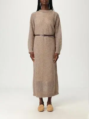 Brunello Cucinelli Belted Midi Dress With Mesh Detailing