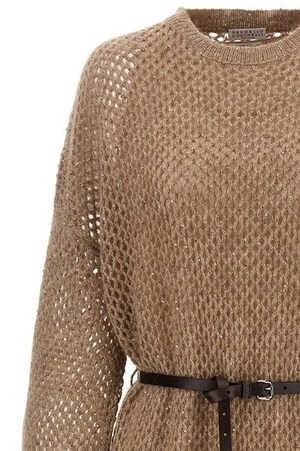 Brunello Cucinelli Belted Midi Dress With Mesh Detailing