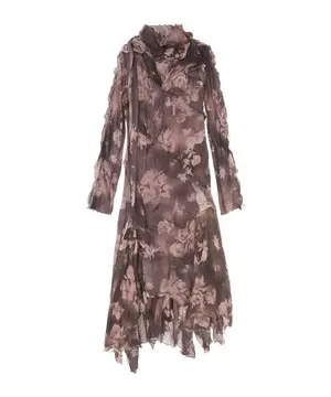 DIESEL® Asymmetric Midi Dress In Chiffon And Silk-crepe - Brown