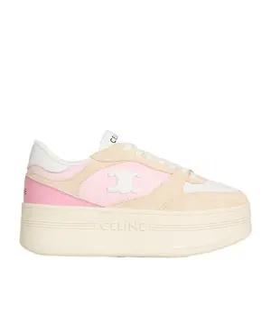 Celine Block Wedge Sneaker In Calfskin And Suede Calfskin - Pink/beige