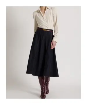 Alberta Ferretti Flared Denim Midi Skirt With Af Logo
