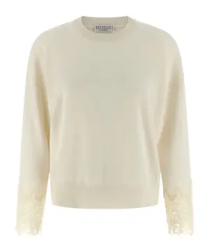 Brunello Cucinelli Lace Detailed Long Sleeved Sweater - White