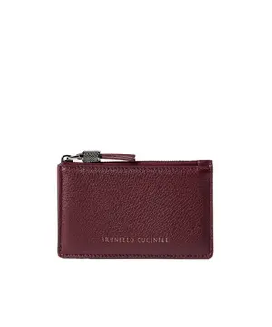 Brunello Cucinelli Grained Leather Card Case With Shiny Zipper Pull