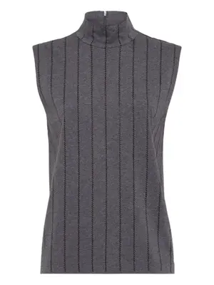 Brunello Cucinelli Sleeveless High Neck Sequined Stripe Top