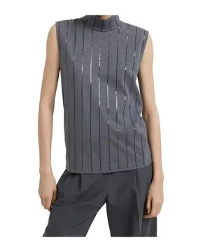 Brunello Cucinelli Sleeveless High Neck Sequined Stripe Top