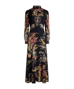Etro Long Sleeve Printed Viscose Crepe De Chine Dress With Silk Scarf - Black
