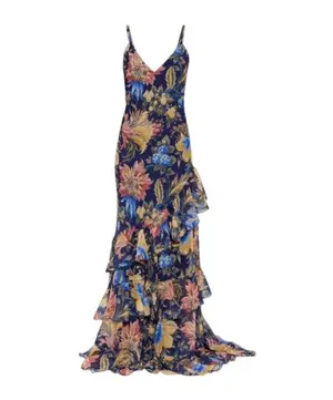 Etro Long Seersucker Ruffled Floral Motif Dress - Navy