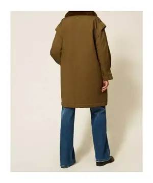 TWINSET Faux Fur Collar Gabardine Parka Coat
