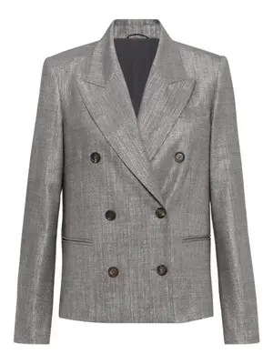 Brunello Cucinelli Lamé-effect Double-breasted Blazer - Gray