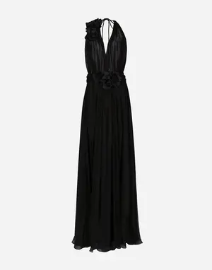 Dolce & Gabbana Long Silk Chiffon Dress With Floral Appliqu - Black