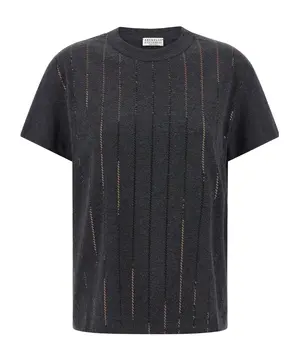 Brunello Cucinelli Dazzling Chalk Stripe Embroidered T-shirt
