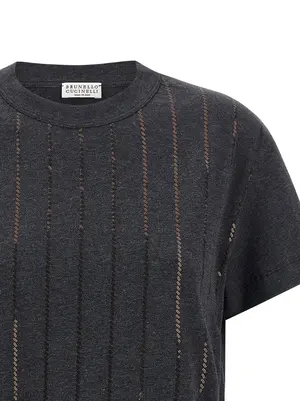 Brunello Cucinelli Dazzling Chalk Stripe Embroidered T-shirt