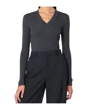 Brunello Cucinelli Shiny Trim Ribbed V-neck Top
