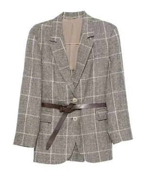 Brunello Cucinelli Checked Belted Jacket - Gray