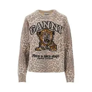 GANNI Leopard Motif Wool-blend Sweater - Multicolor