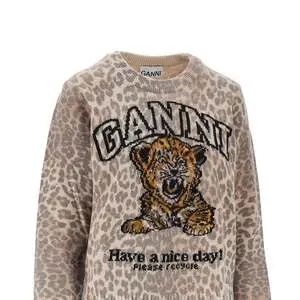 GANNI Leopard Motif Wool-blend Sweater - Multicolor