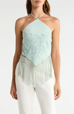 House Of Cb Sareena Hand Embellished Fringe Halter Top - Jade