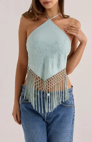 House Of Cb Sareena Embellished Fringe Halter Top - Jade