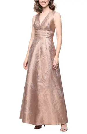 Alex Evenings Jacquard Gown With Surplice Neckline - Caramel