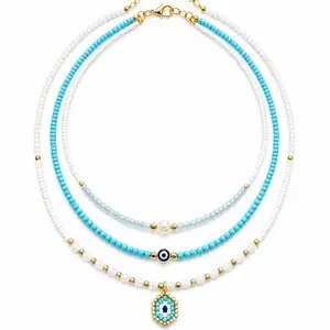 NUVV COLLECTION Blue / White Blue Evil Eye Beaded Necklace