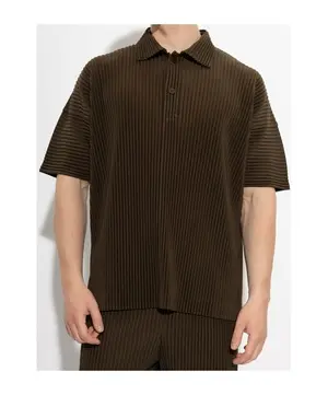 Issey Miyake Homme Plissé Pleated Short Sleeved Polo Shirt - Brown