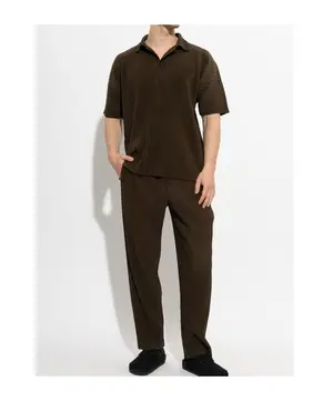 Issey Miyake Homme Plissé Pleated Short Sleeved Polo Shirt - Brown