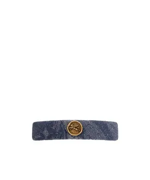 Etro Cotton And Linen Jacquard Hair Clip With Leafy Motif - Navy Blue