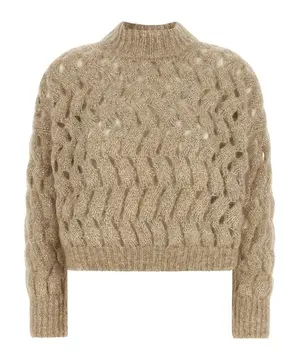 Brunello Cucinelli Dazzling Waves Openwork Knit Sweater - Nude