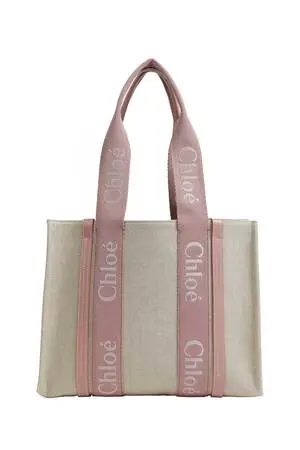 Chloé Woody Tote Bag In Linen And Calfskin - Beige