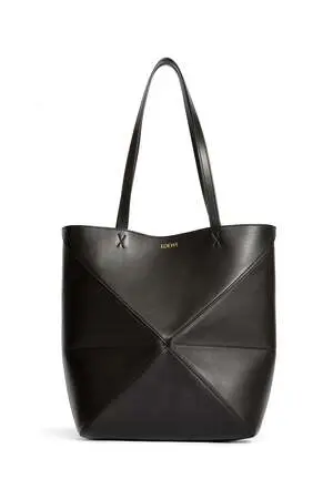Loewe Medium Puzzle Fold Tote In Shiny Calfskin - Black