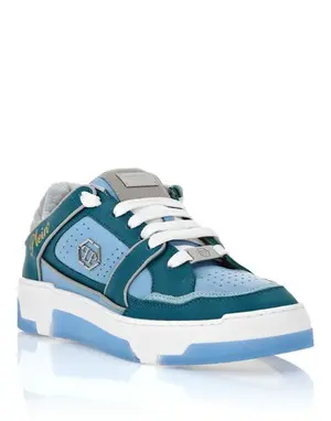 Philipp Plein Mix Leather Lo-top Sneakers Hexagon Logo - Light Blue/grey