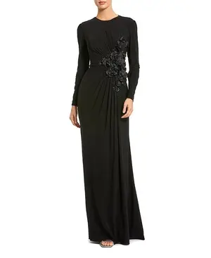 Mac Duggal Long Sleeve High Neck Floral Beaded Jersey Gown - Black
